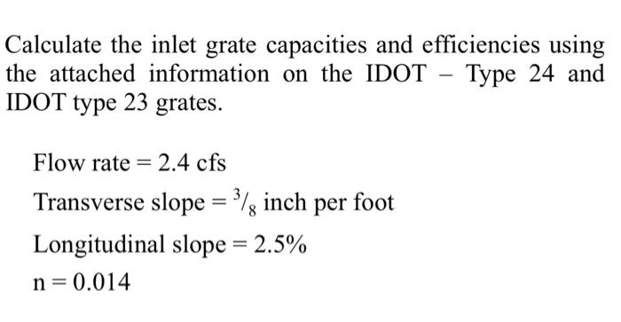 Solved Calculate the inlet grate capacities and efficiencies | Chegg.com