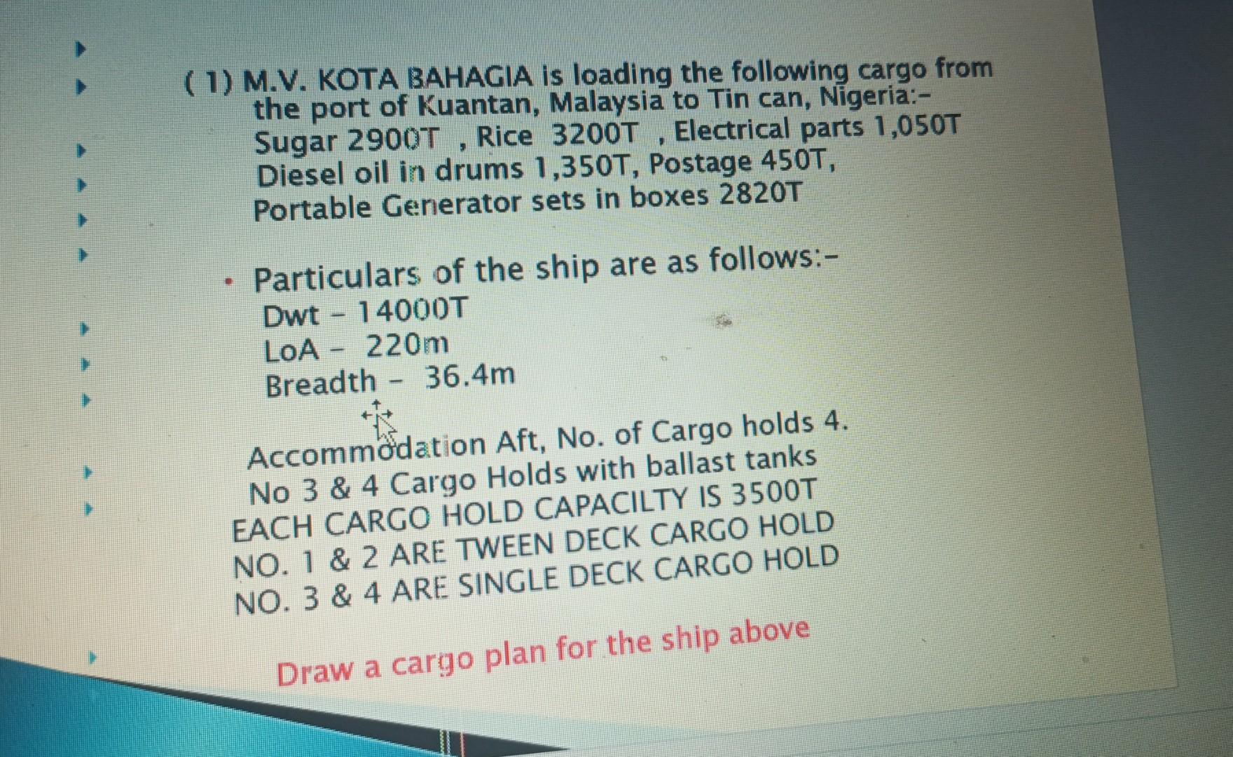 Solved (1) M.V. KOTA BAHAGIA is loading the following cargo | Chegg.com