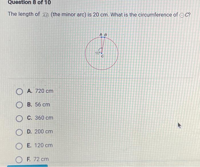 Solved Question 8 of 10 The length of AB (the minor arc) is | Chegg.com