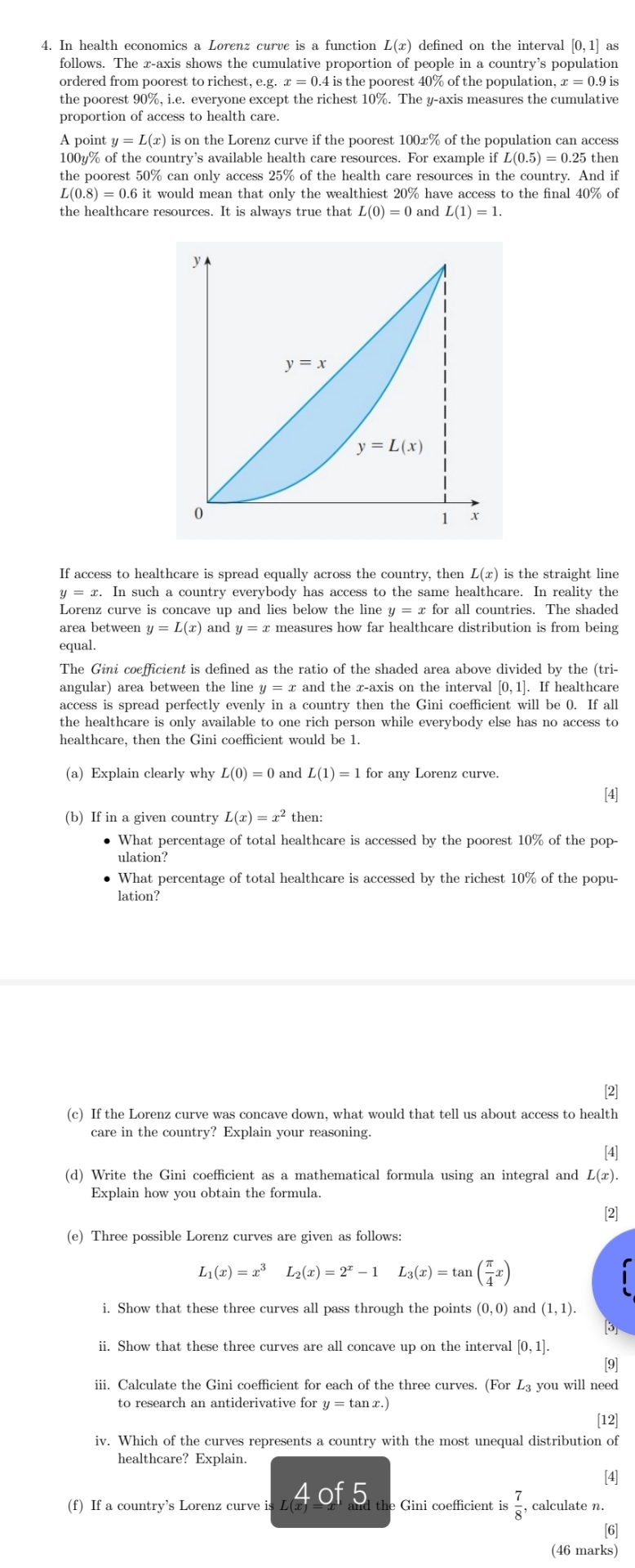 Solved In health economics a Lorenz curve is a function L(x) | Chegg.com