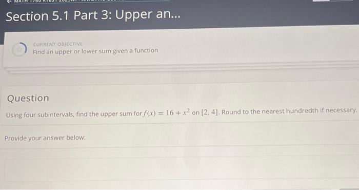 Solved CURRENT OBJECTIVE Find an upper or lower sum given a | Chegg.com