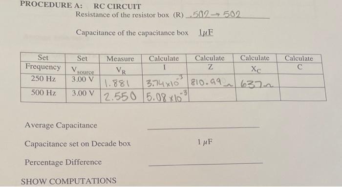 Solved PROCEDURE A: RC CIRCUIT Resistance of the resistor | Chegg.com