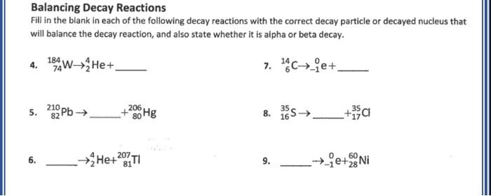 Solved Balancing Decay Reactions Fill in the blank in each | Chegg.com