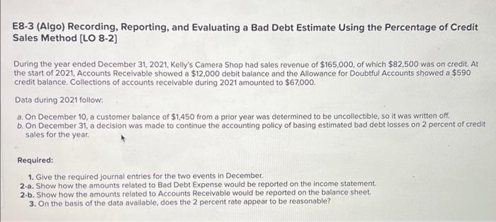 Solved E8-3 (Algo) Recording, Reporting, and Evaluating a | Chegg.com