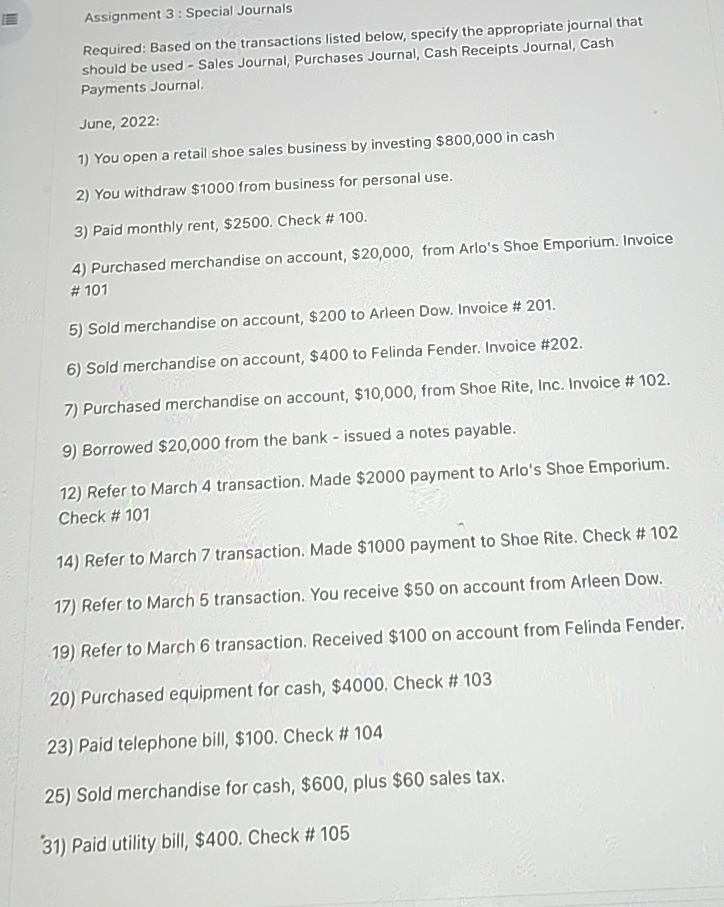 Solved Assignment 3 ﻿: Special JournalsRequired: Based on | Chegg.com