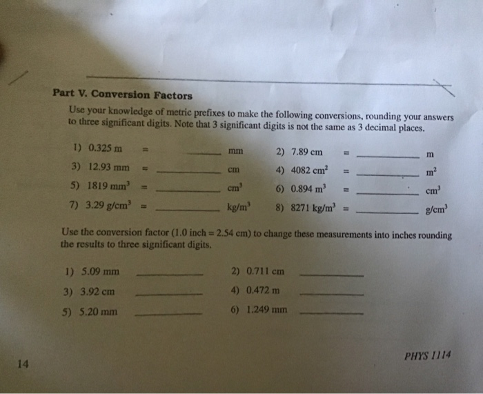Solved Part V. Conversion Factors Use your knowledge of | Chegg.com