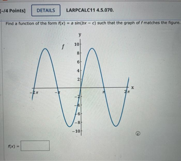 Solved Find a function of the form f(x)=asin(bx−c) such that | Chegg.com
