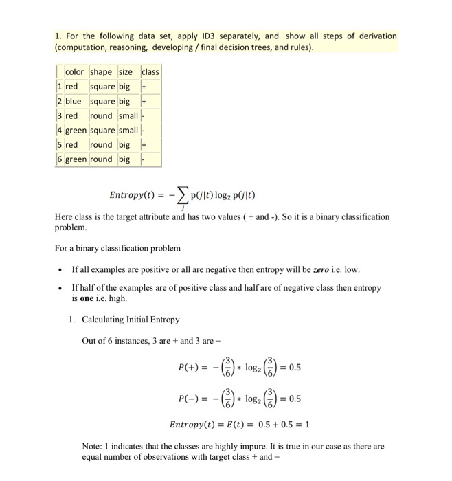 Solved 1. For the following data set, apply ID3 separately, | Chegg.com
