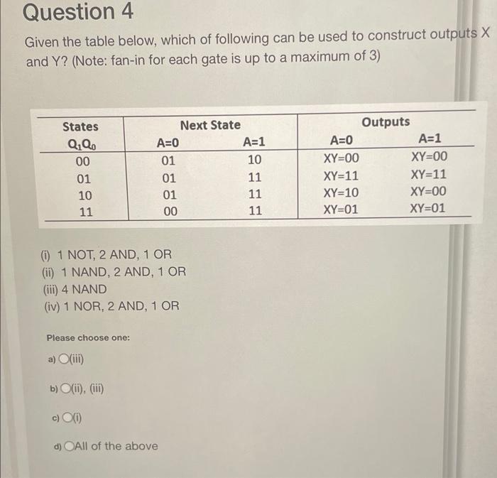 Solved Question 4 Given the table below, which of following | Chegg.com