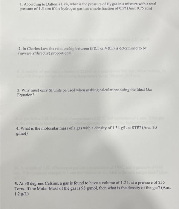 Solved 1. According to Dalton's Law, what is the pressure of | Chegg.com