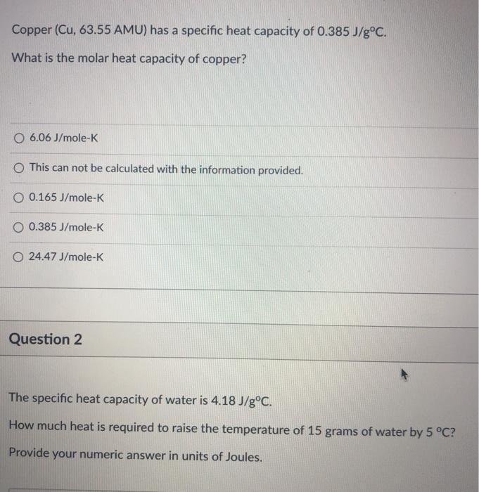 Solved Copper (Cu, 63.55 AMU) has a specific heat capacity | Chegg.com
