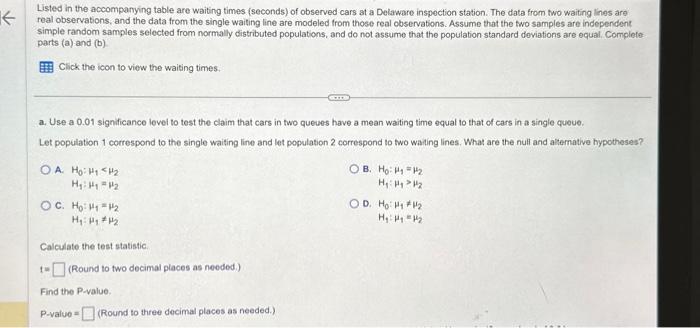 Solved Listed in the accompanying table are waiting times | Chegg.com
