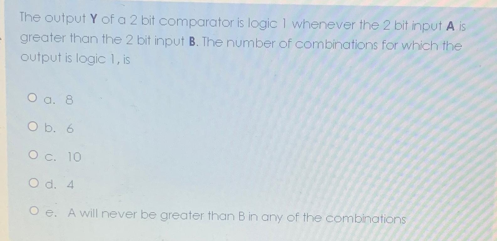 Solved The output Y ﻿of a 2 ﻿bit comparator is logic 1 | Chegg.com
