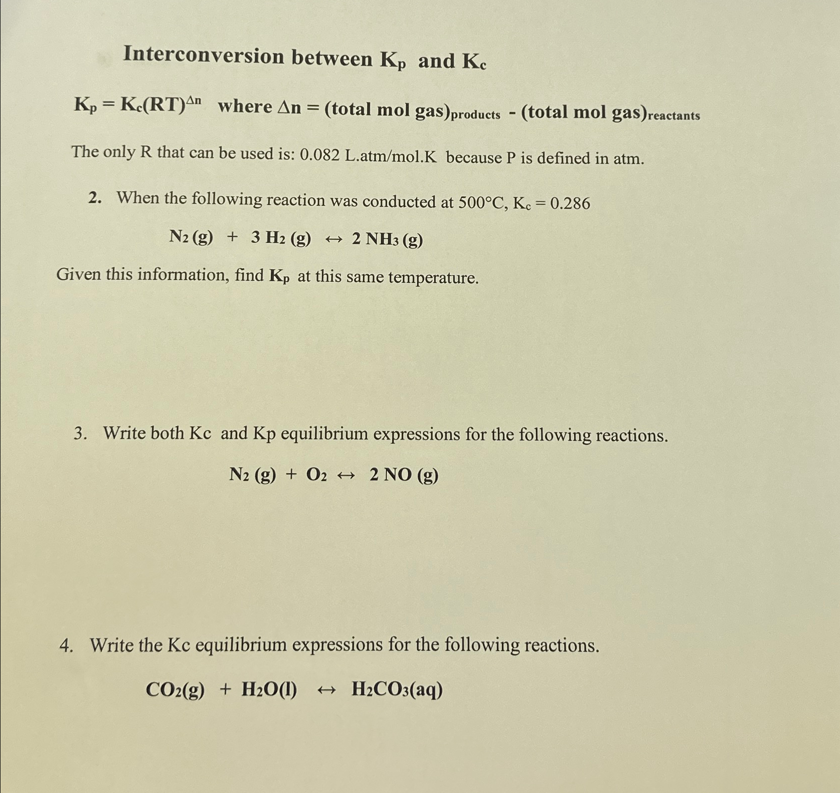 Solved Interconversion between Kp ﻿and KcKp=Kc(RT)Δn ﻿where | Chegg.com