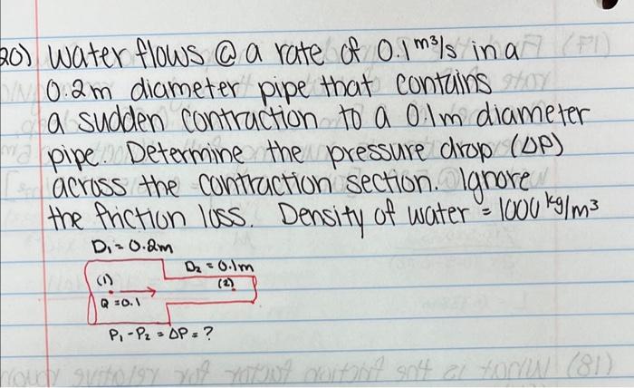 Solved o) Waterflows @ a rate of 0.m3/s in a 0.2 m diameter | Chegg.com