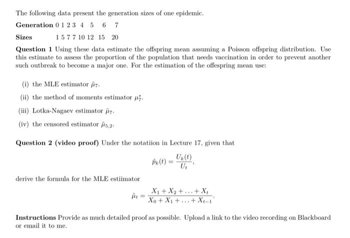 Solved The following data present the generation sizes of | Chegg.com