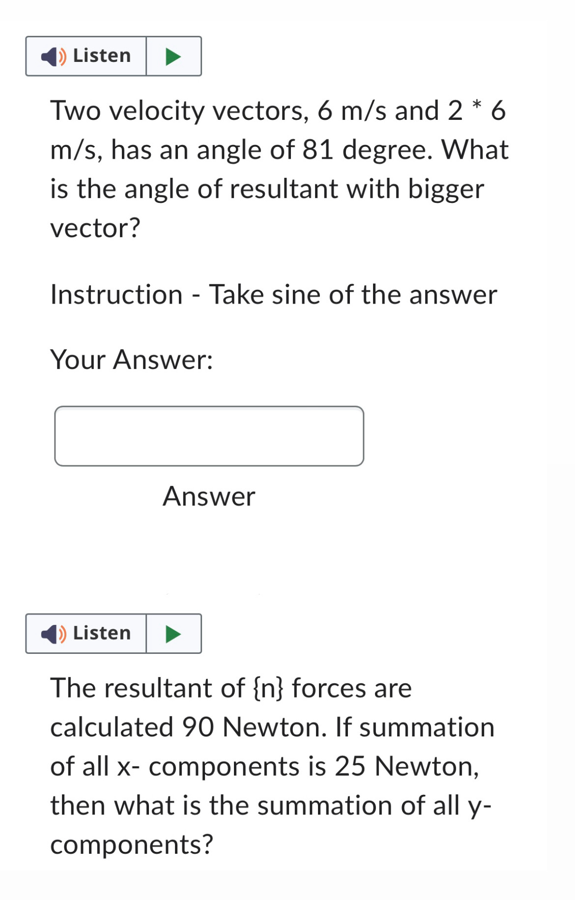 Solved Two velocity vectors, 6ms ﻿and 2 * 6 ms, ﻿has an | Chegg.com