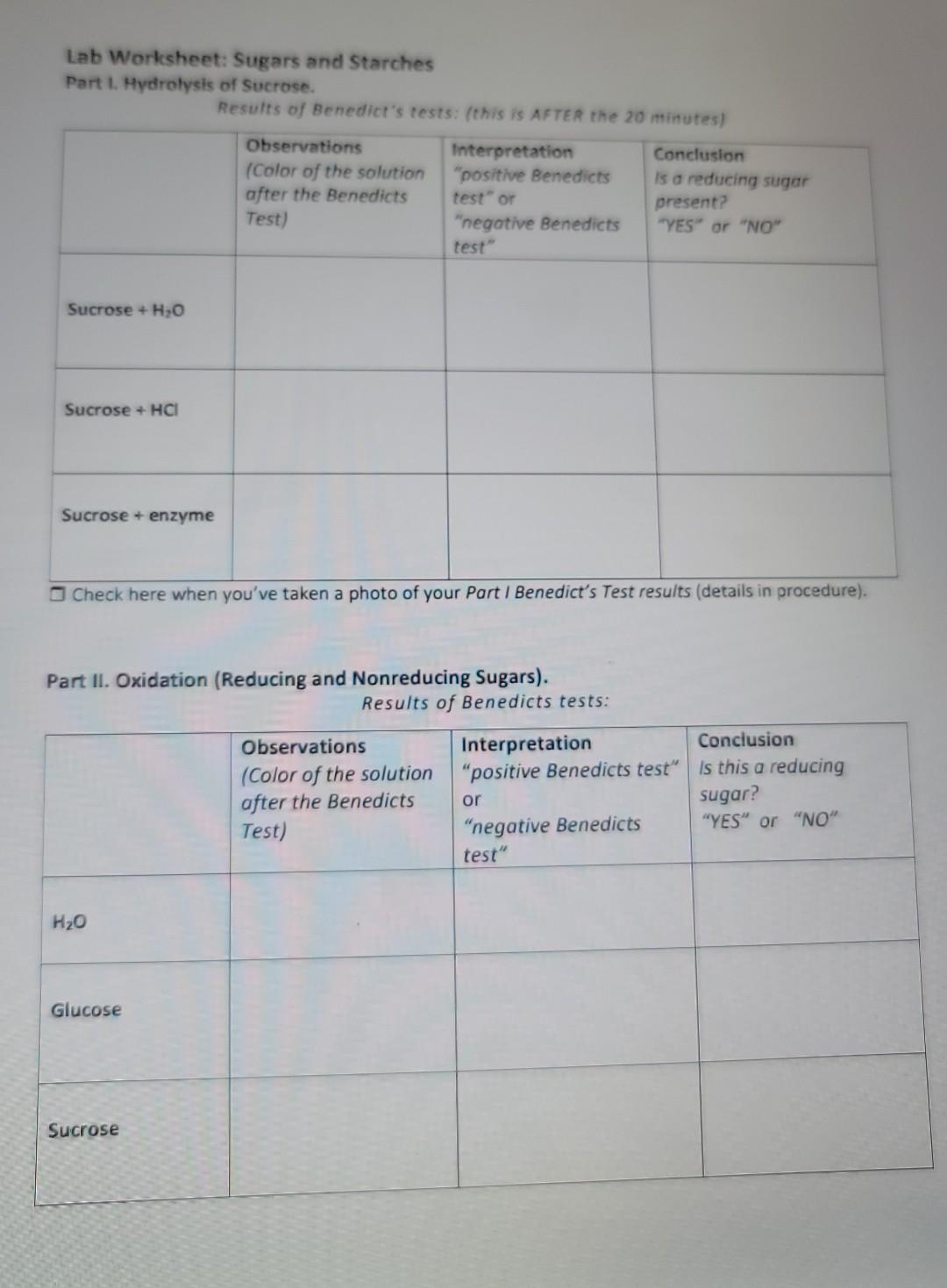Solved Lab Worksheet: Sugars and Starches Part 1. Hydrolysis | Chegg.com