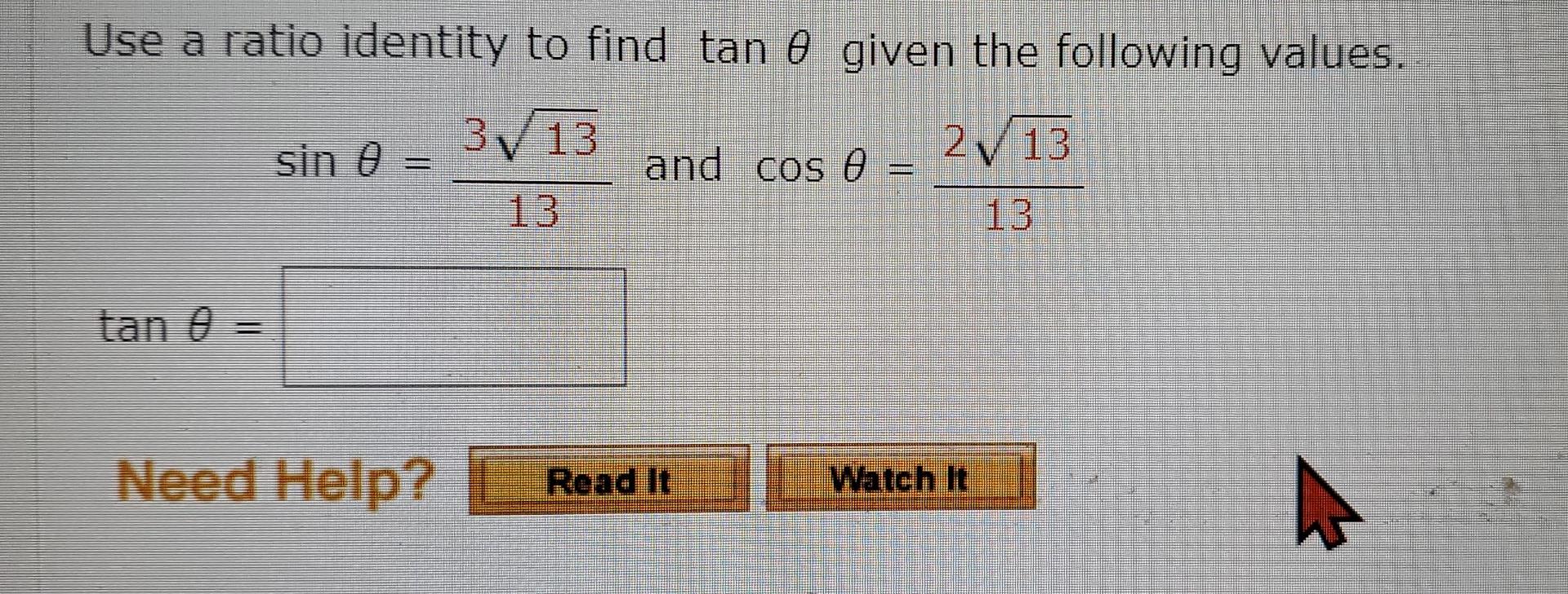 Solved Use a ratio identity to find tan e given the | Chegg.com