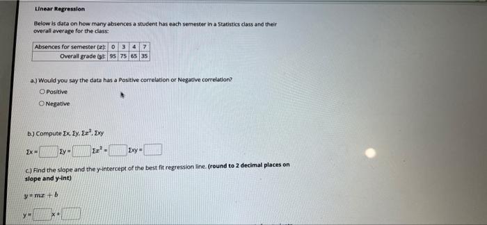 Solved Linear Regression Below is data on how many absences | Chegg.com