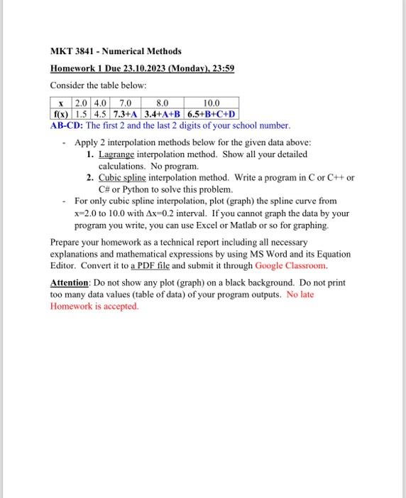MKT 3841 - Numerical Methods Homework 1 Due | Chegg.com