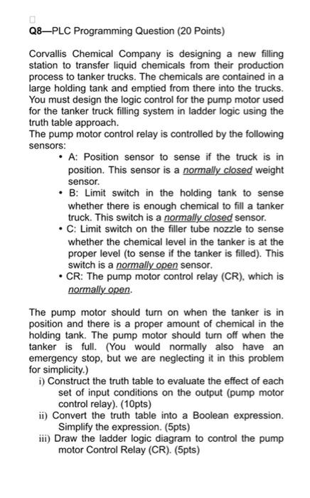 Solved Q8-PLC Programming Question (20 Points) Corvallis | Chegg.com