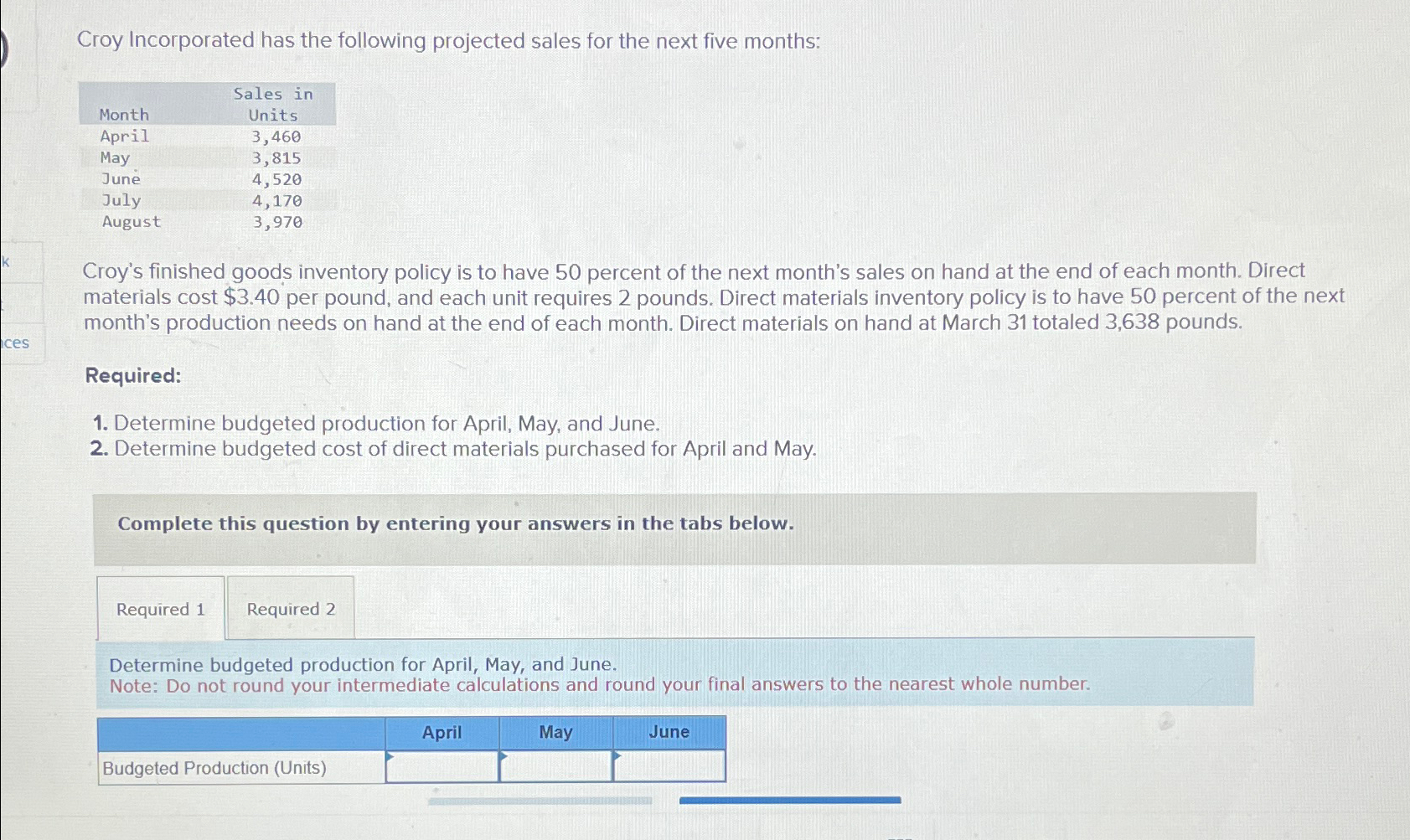 Solved Croy Incorporated has the following projected sales | Chegg.com