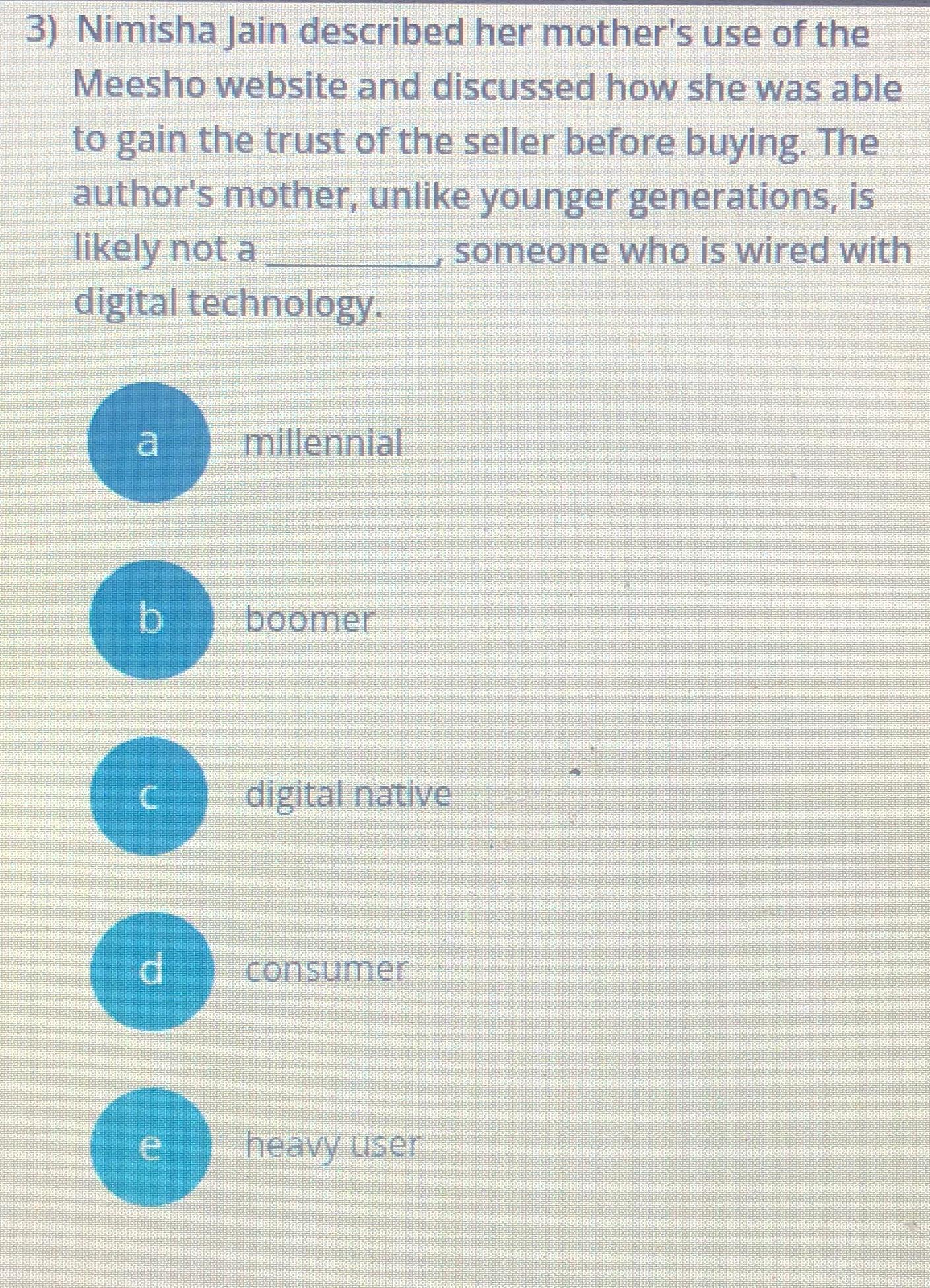 Solved Nimisha Jain described her mother's use of the Meesho | Chegg.com