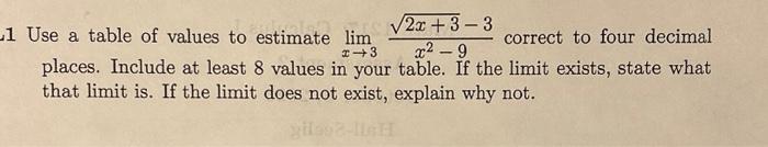Solved 1 Use a table of values to estimate limx→3x2−92x+3−3 | Chegg.com