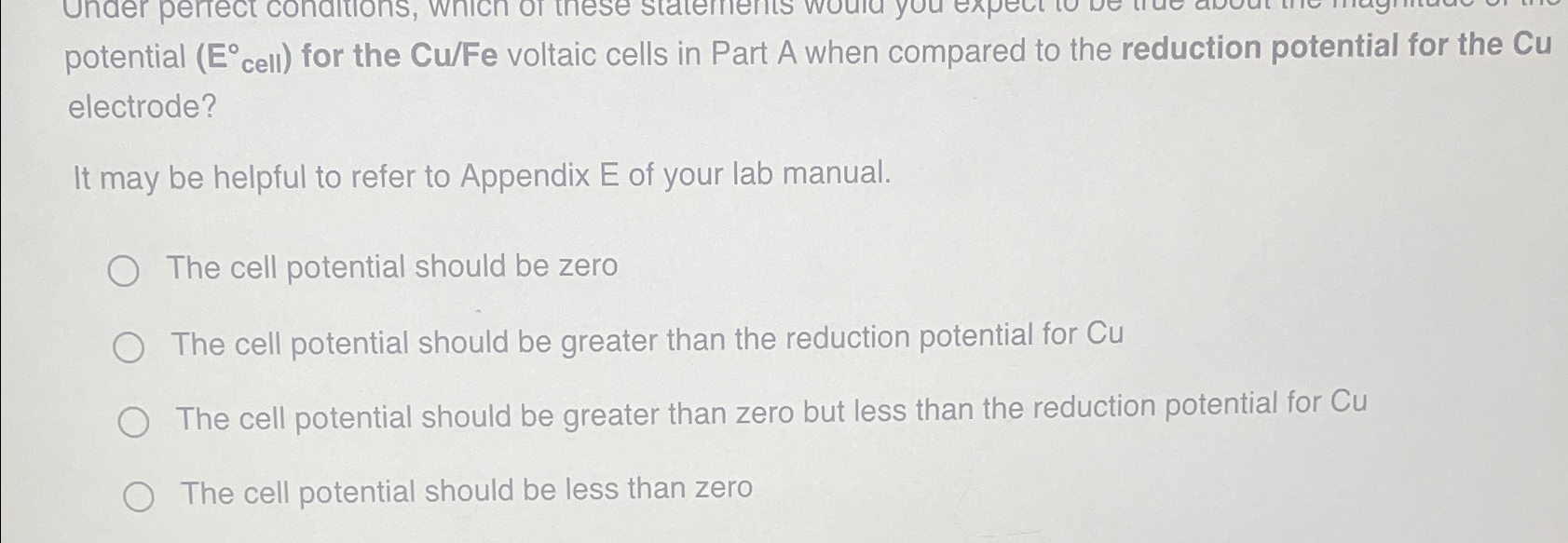 Solved potential ( E°?cell ) ﻿for the CuFe ﻿voltaic cells | Chegg.com