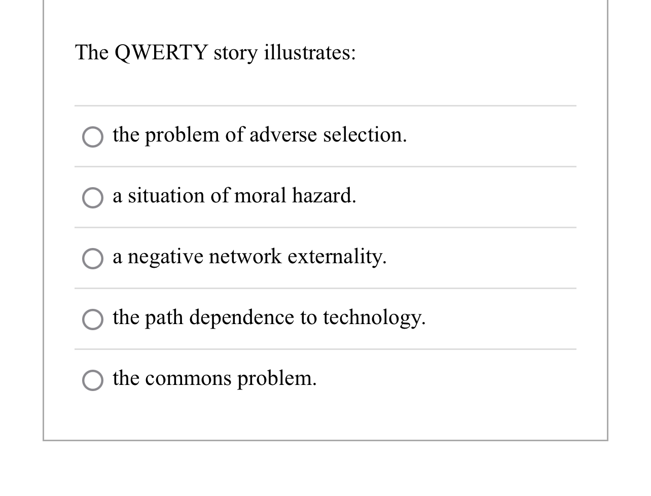 Solved The QWERTY story illustrates:the problem of adverse | Chegg.com