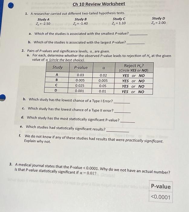 Solved Ch 10 Review Worksheet 1. A researcher carried out | Chegg.com