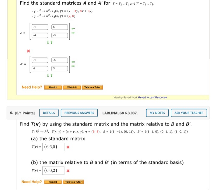 Solved Find the standard matrices A and A' for T = T2. T1 | Chegg.com