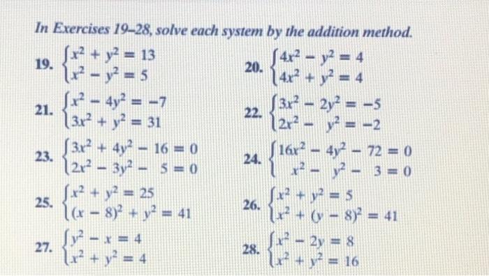 Solved In Exercises 19-28, solve each system by the addition | Chegg.com
