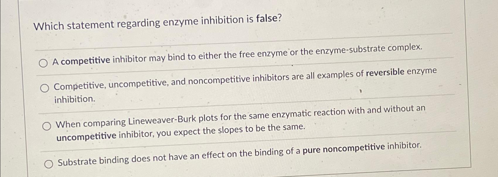 Solved Which statement regarding enzyme inhibition is | Chegg.com