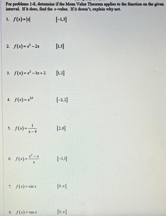 Solved For problems 1-8, determine if the Mean Value Theorem | Chegg.com