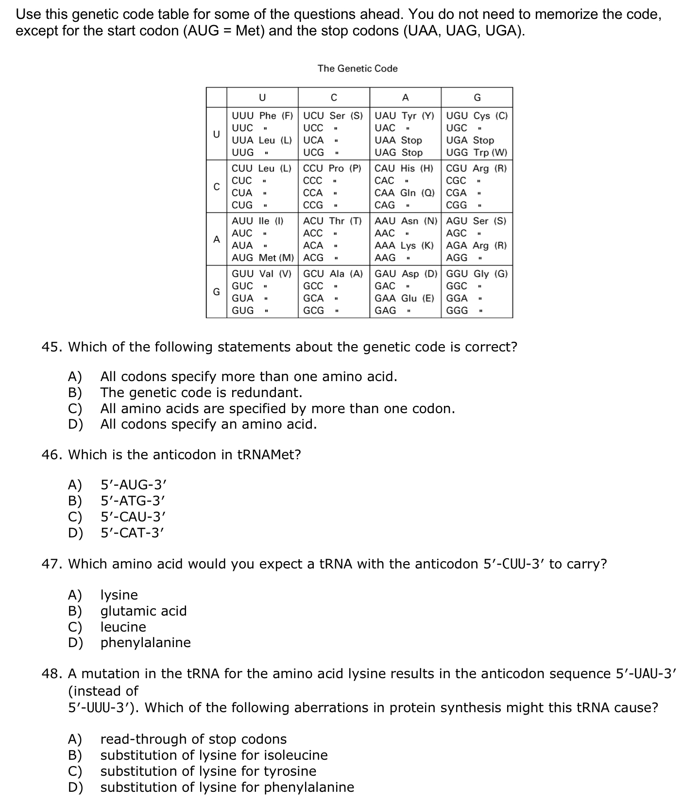 Solved Use this genetic code table for some of the questions | Chegg.com