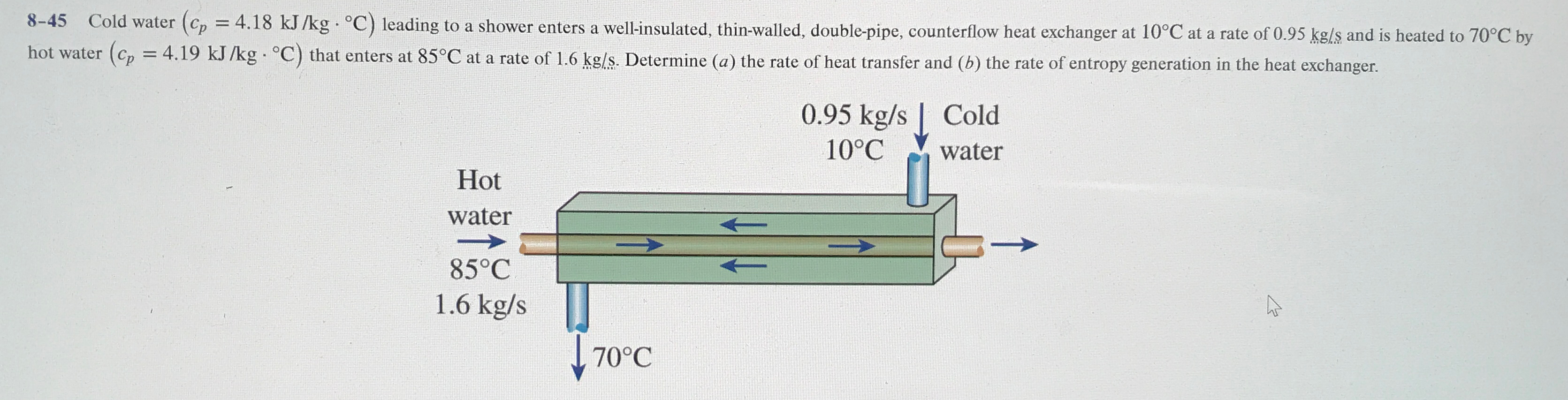 Solved 8-45 ﻿Cold water )=(4.18kJkg*°C ﻿leading to a shower | Chegg.com