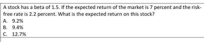 Solved A stock has a beta of 1.5 . If the expected return of | Chegg.com