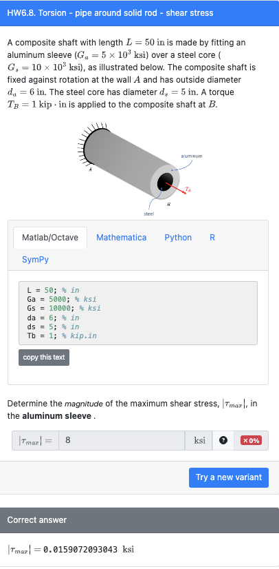 HW6.8. ﻿Torsion - ﻿pipe around solid rod - ﻿shear | Chegg.com