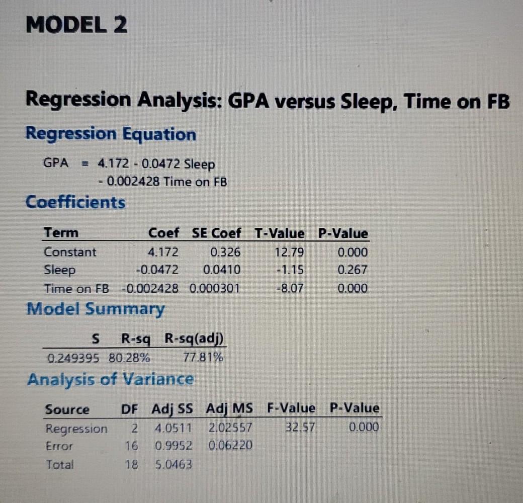 Solved MODEL 1 Regression Analysis: GPA versus Sleep, Time | Chegg.com