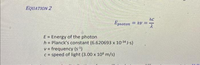 Solved EQUATION 2 Ephoton =hv=λhc E= Energy of the photon h= | Chegg.com
