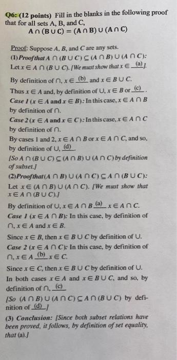 Solved Q6: (12 points) Fill in the blanks in the following | Chegg.com