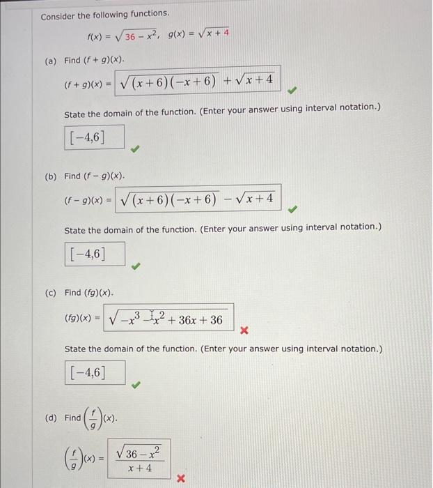 Solved Consider the following functions. f(x)=36−x2,g(x)=x+4 | Chegg.com