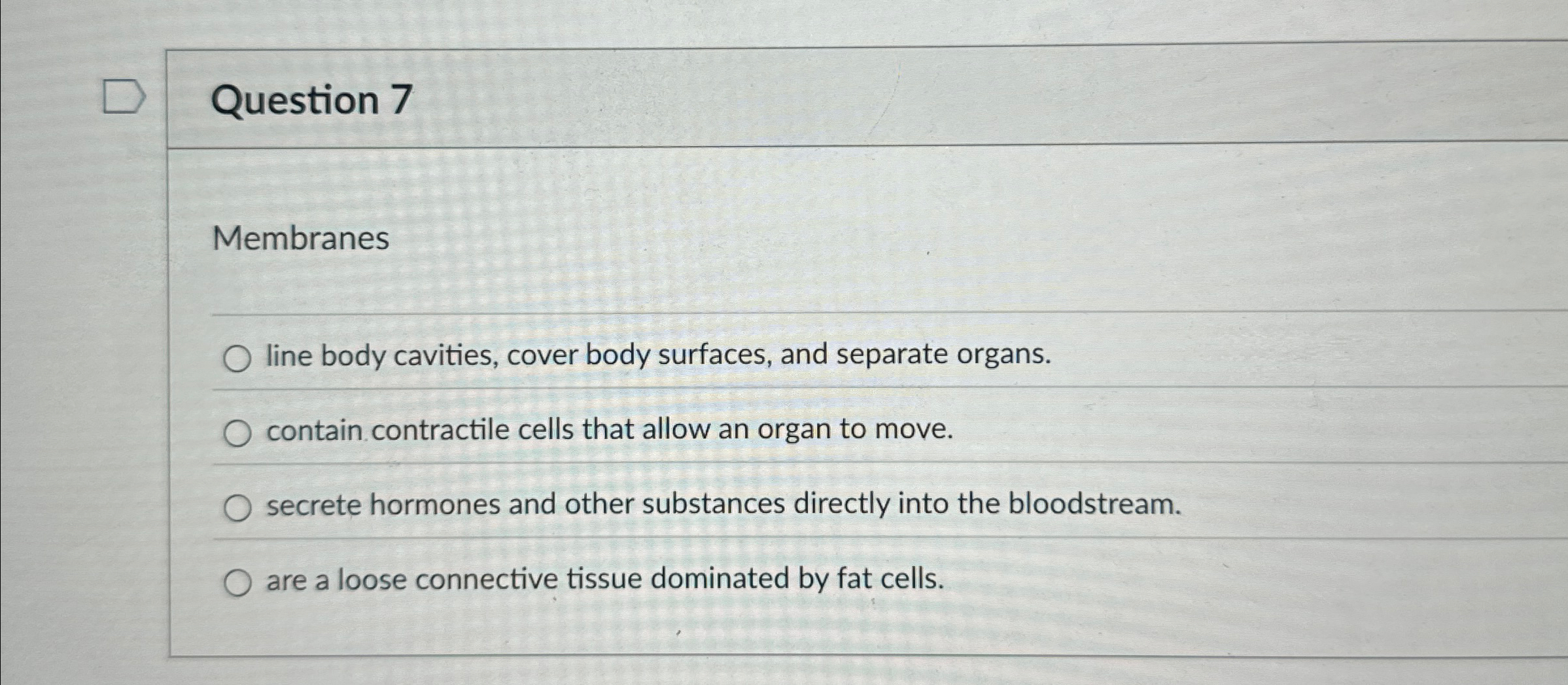 Solved Question 7Membranesline body cavities, cover body | Chegg.com