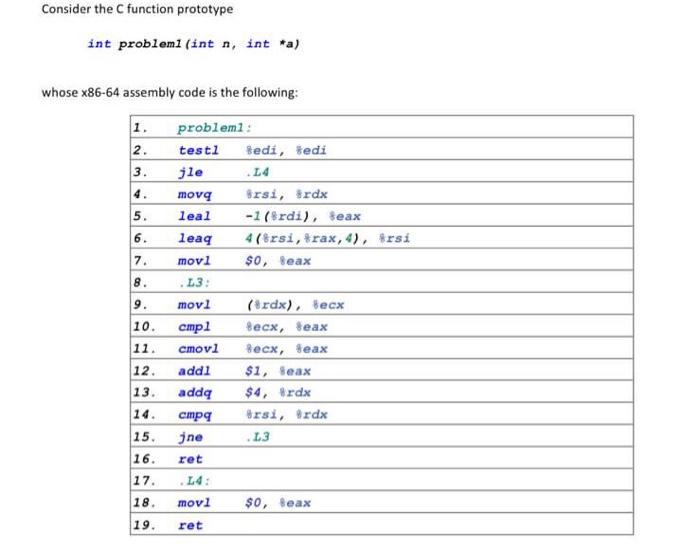 Solved Consider the C function prototype int problemi (int | Chegg.com