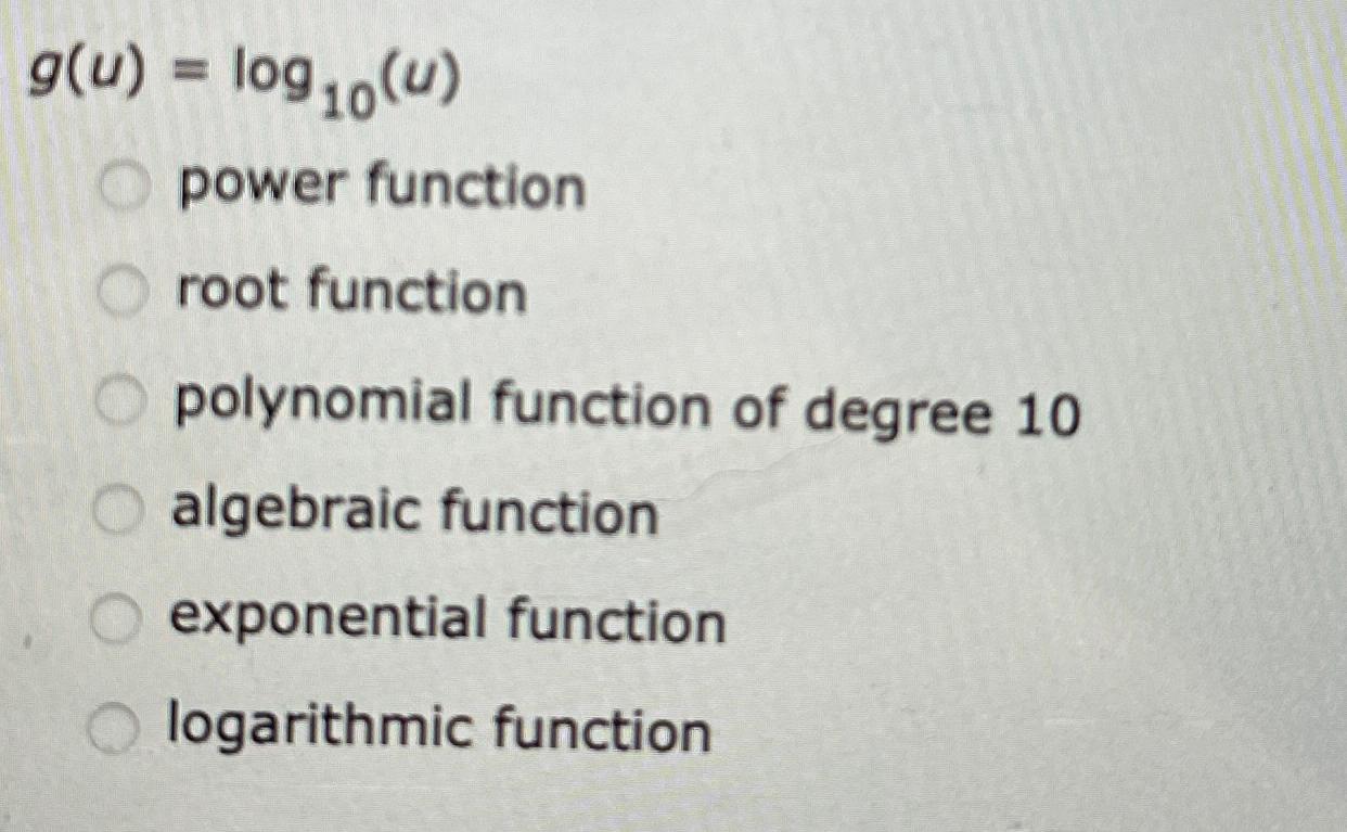 Solved g(u)=log10(u)power functionroot functionpolynomial | Chegg.com