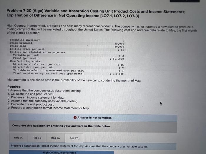 Solved Problem 7-20 (Algo) Variable and Absorption Costing | Chegg.com Solved Problem 7-20 (Algo) Variable and Absorption Costing | Chegg.com