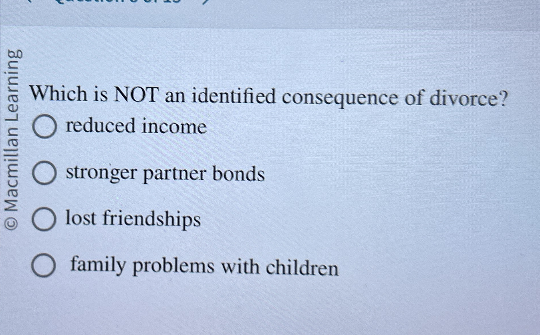 Solved Which is NOT an identified consequence of divorce? | Chegg.com