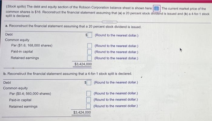 Solved (Stock splits) The debt and equity section of the | Chegg.com